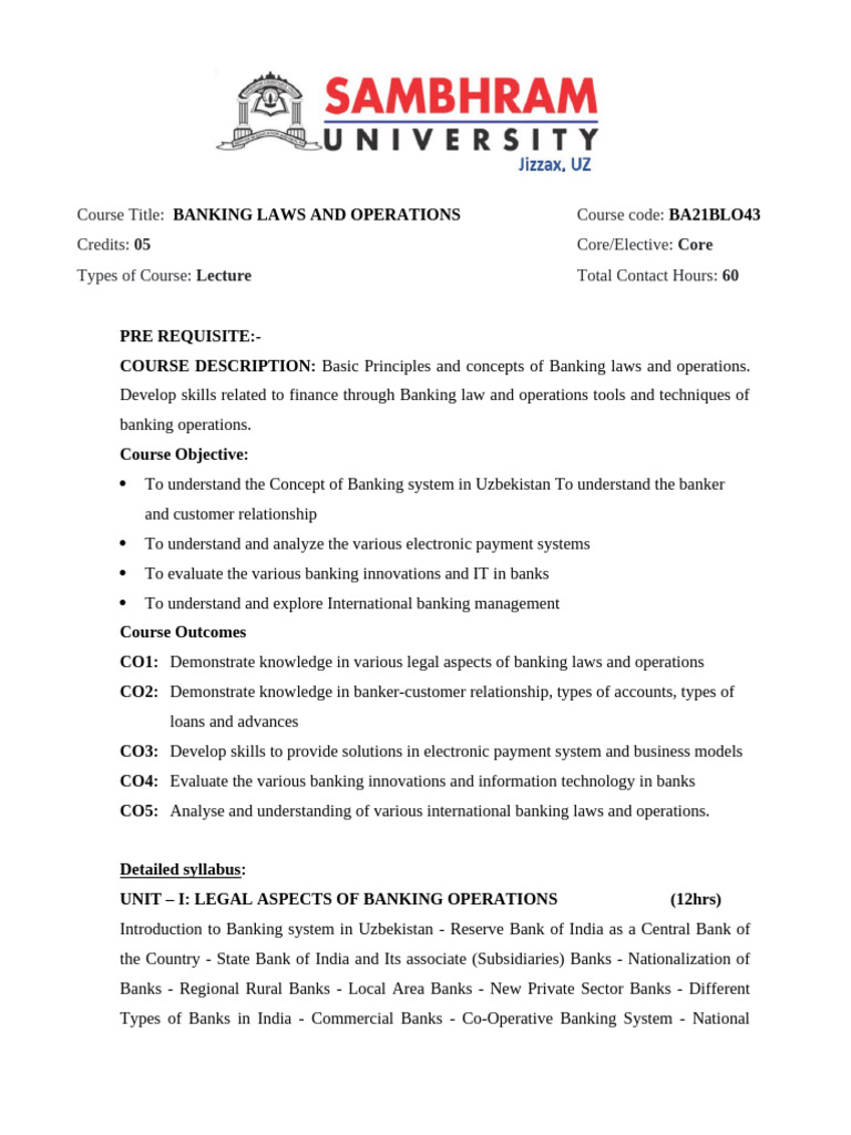 BA21BLO43 - Banking Law and Operations Syllabus | PDF | Banks | Payment ...