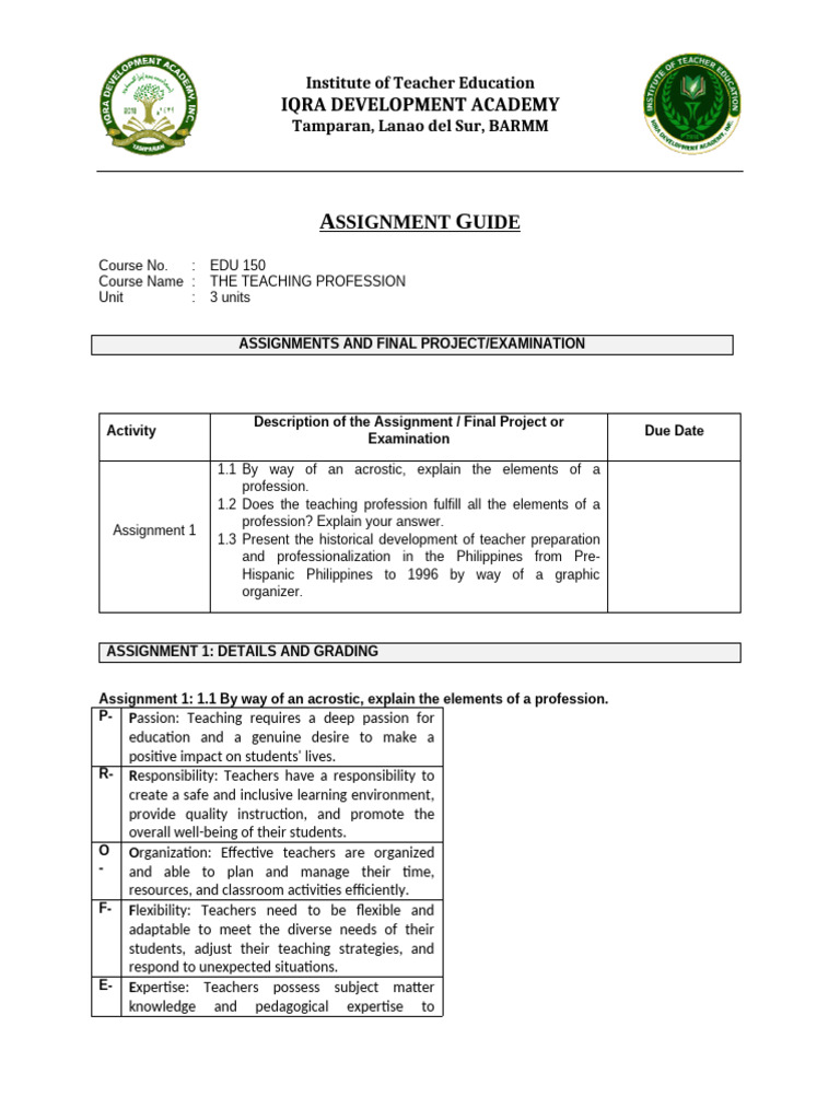 Assignment 1 Guide Teaching Profession | PDF | Teachers | Reflective Practice