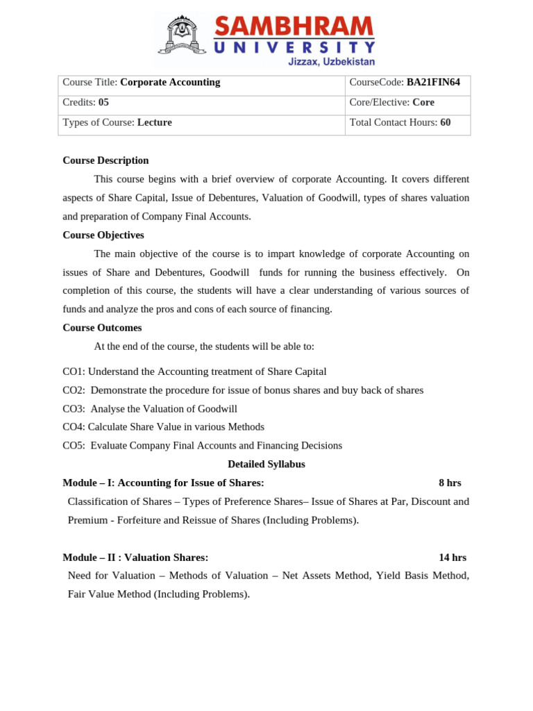 BA21FIN64 - Corporate Accounting - Syllabus | PDF | Valuation (Finance ...