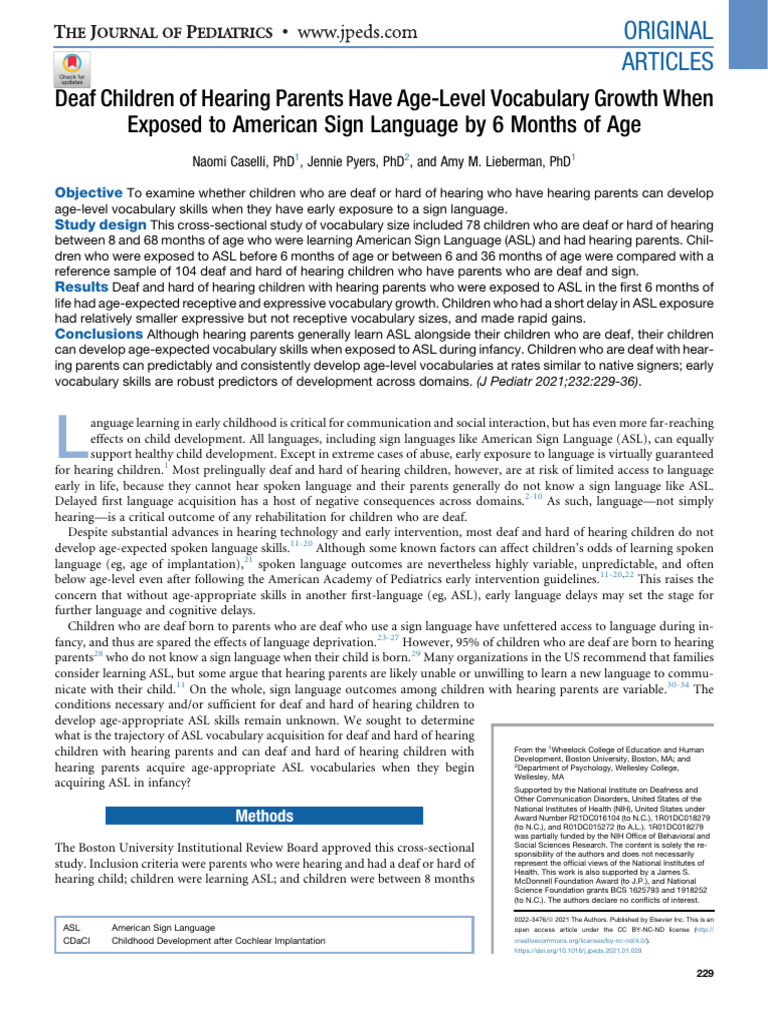 Deaf Children of Hearing Parents Have Age-Level Vocabulary Growth | PDF ...