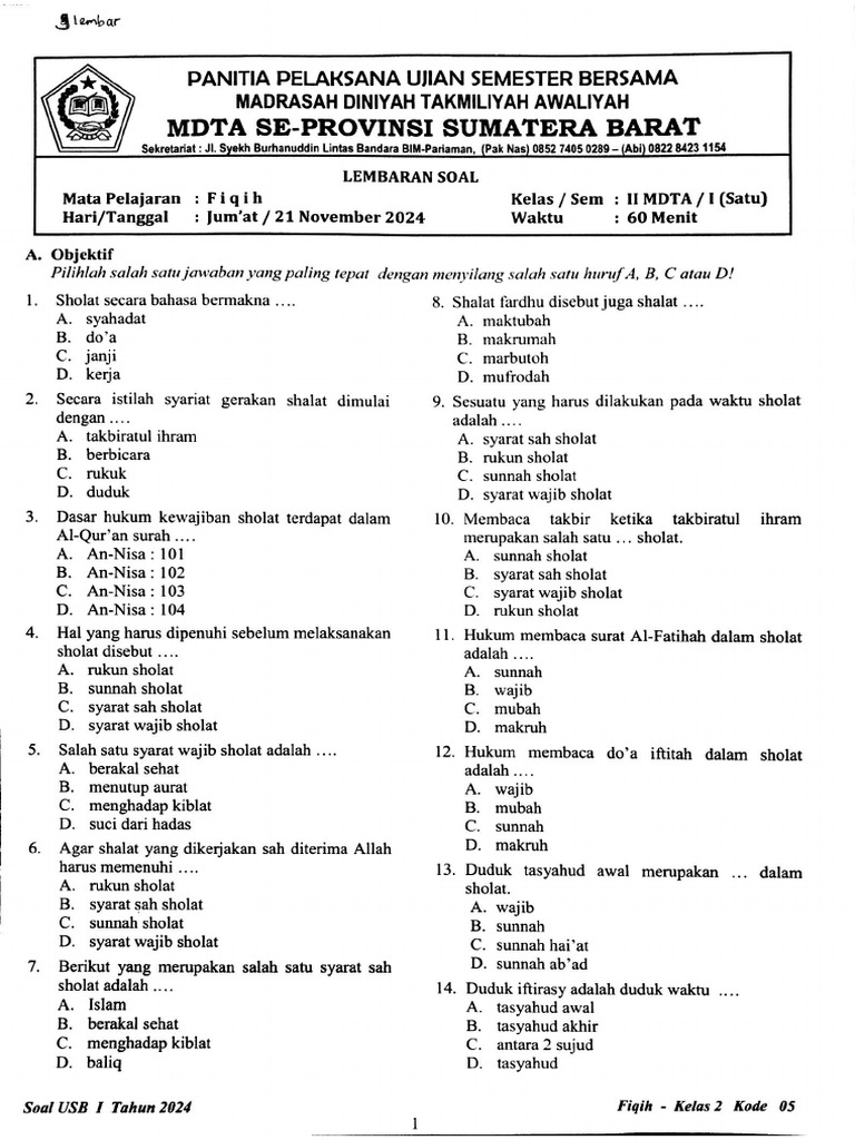 SOAL Fiqh kelas 2 MDTA | PDF