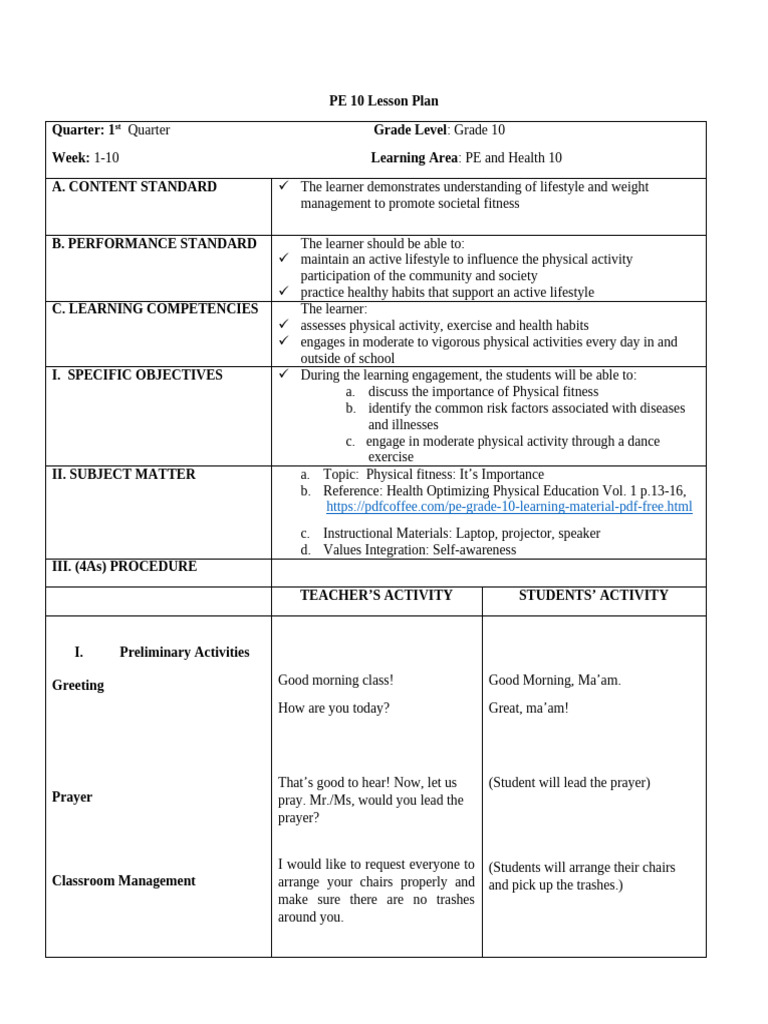 PEH 10 Lesson Plan Lifestyle and Weight Management | PDF | Physical ...