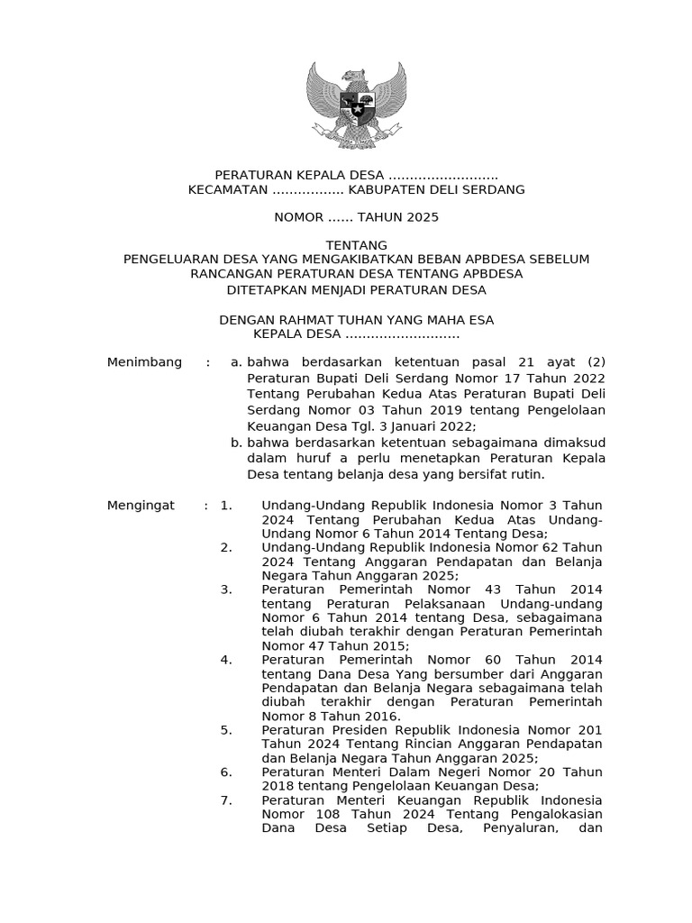 Perkades TTG Pengeluaran Rutin Sebelum Apbdes Ditetapkan Tahun 2025 | PDF