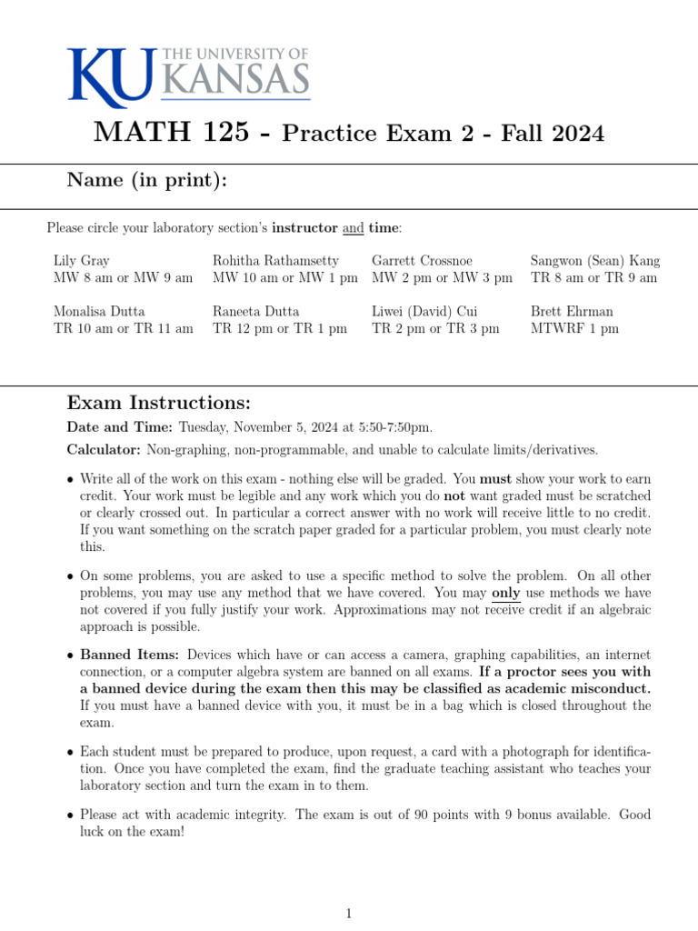 MATH+125+Practice+Exam+2+ +fall+2024+ (Blank) | PDF | Mathematics