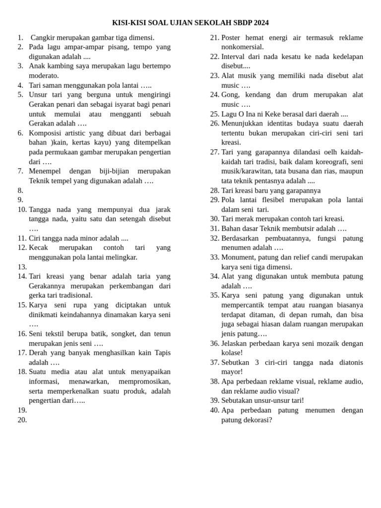 KISI Kisi SBDP Kelas 6 2024 | PDF