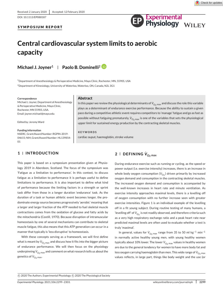 Experimental Physiology - 2020 - Joyner - Central cardiovascular system limits to aerobic ...