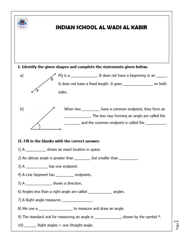 Geometry Worksheet for Class V Students | PDF | Angle | Elementary ...