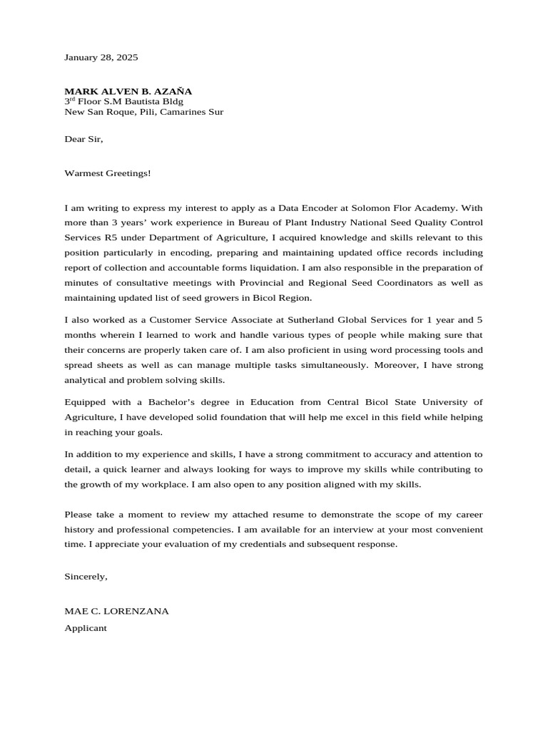 Application Letter - SFA | PDF