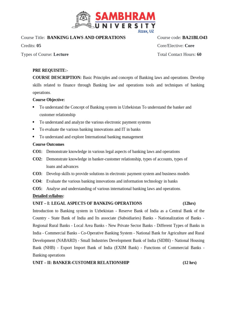 BA21BLO43 - Banking Law and Operations Syllabus | PDF | Banks | Business