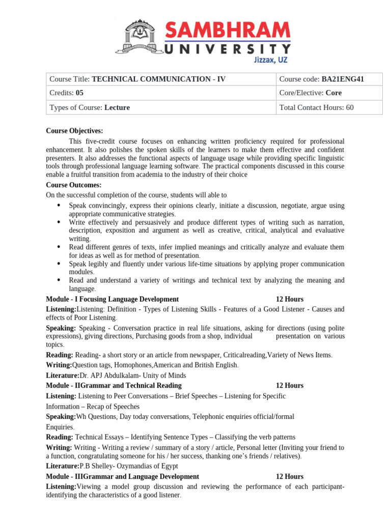 Technical Communication Course Overview | PDF | Language Development ...