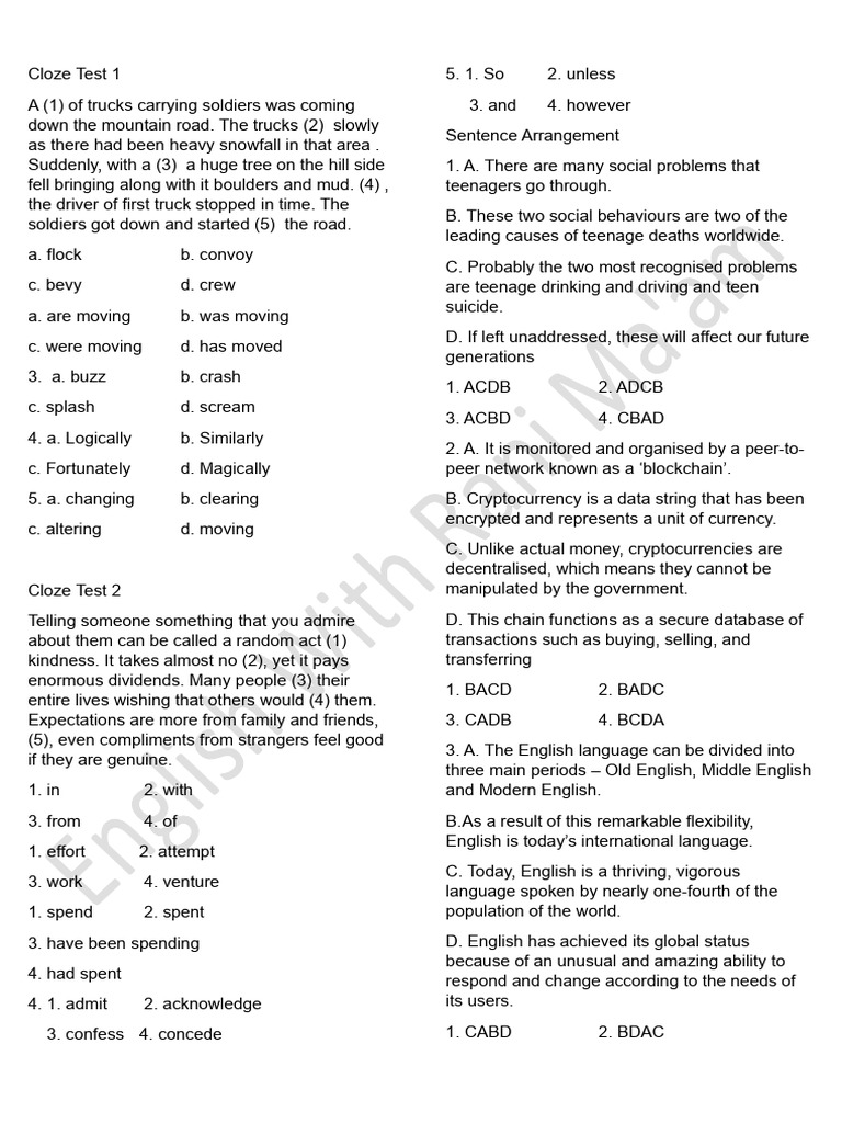 Cloze and Sentence Arrangement Exercises | PDF