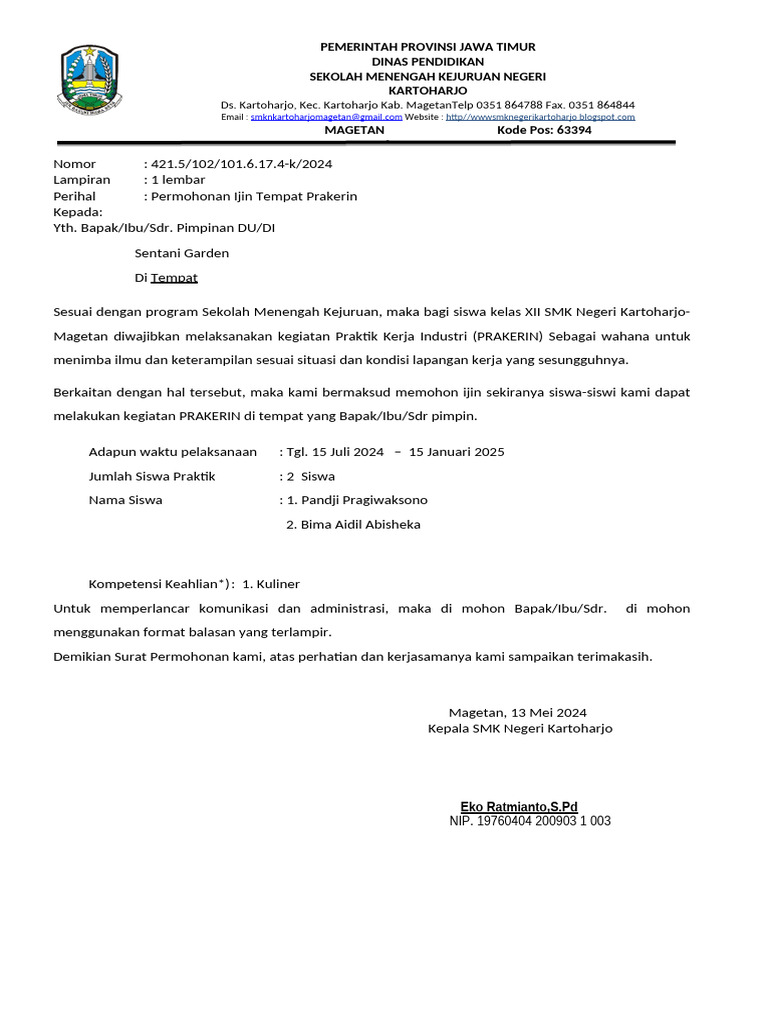 Permohonan Prakerin Sentani Garden | PDF