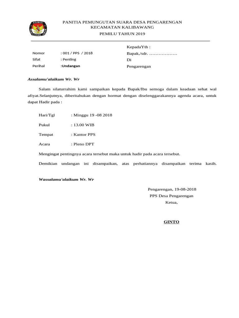 Undangan Pleno DPT PPS Pengarengan 2018 | PDF