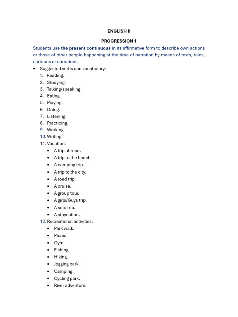 English Progressions II Suggested Verbs | PDF | Linguistics | Grammar