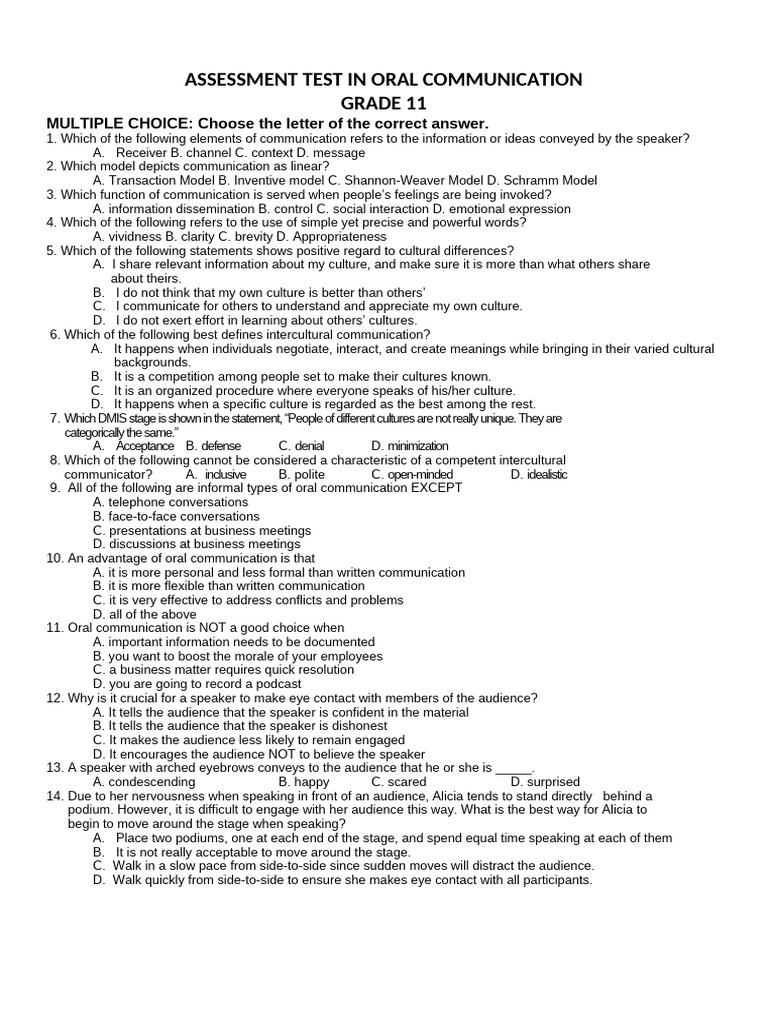 Grade 11 Oral Communication Assessment | PDF | Communication | Psychology