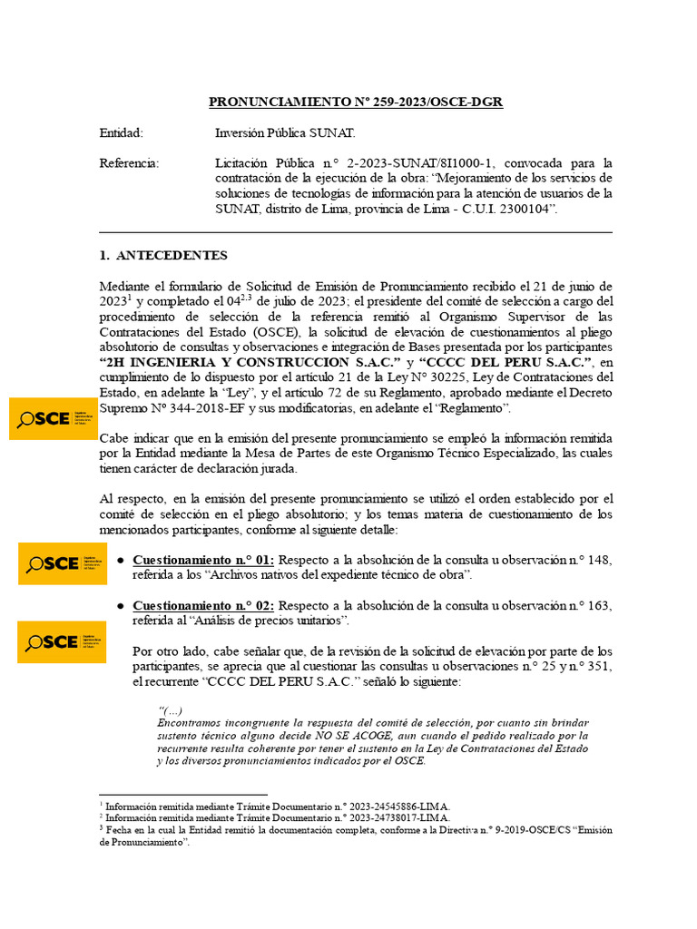 Pronunciamiento #259-2023.OSCE-DGR | PDF | Presupuesto | Estado (política)