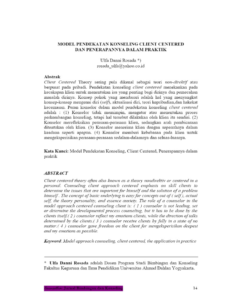 MODEL PENDEKATAN KONSELING CLIENT CENTERED DAN PENERAPANNYA DALAM PRAKTIK - Rosada - Counsellia ...