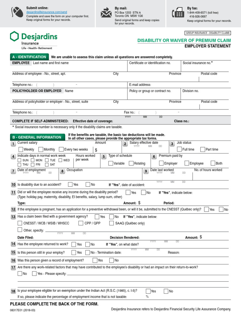 Employer Statement: Disability or Waiver of Premium Claim | PDF ...