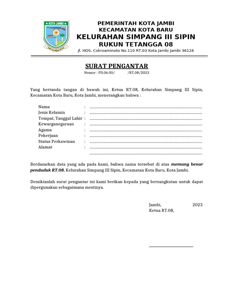 Surat Pengantar RT.08 Simp. III Sipin | PDF