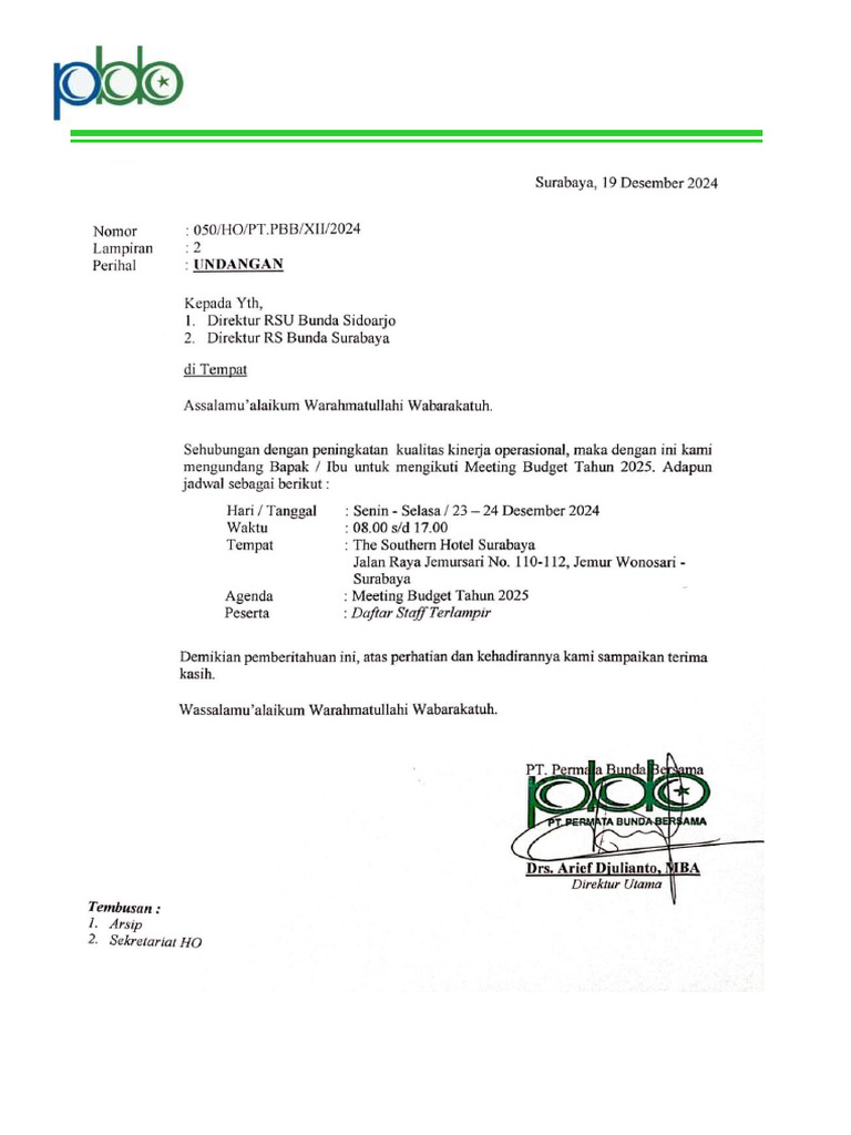 050-Surat Undangan Meeting Budget 2025 - RSU Bunda Grup, PT. SIP (Enviro, Cahaya Madinah Travel ...