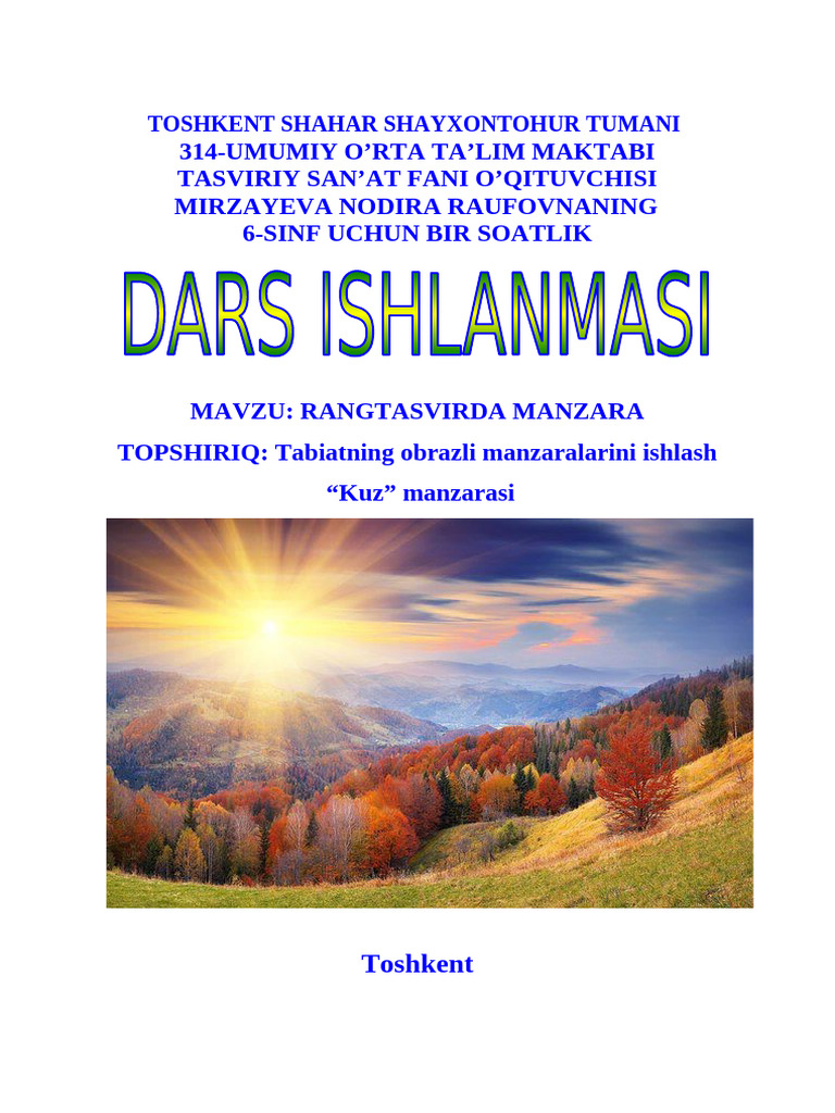 6-Sinf Tasviriy San'at Rangtasvirda Manzara, Kuz Manzarasini Ishlash Dars Ishlanma | PDF