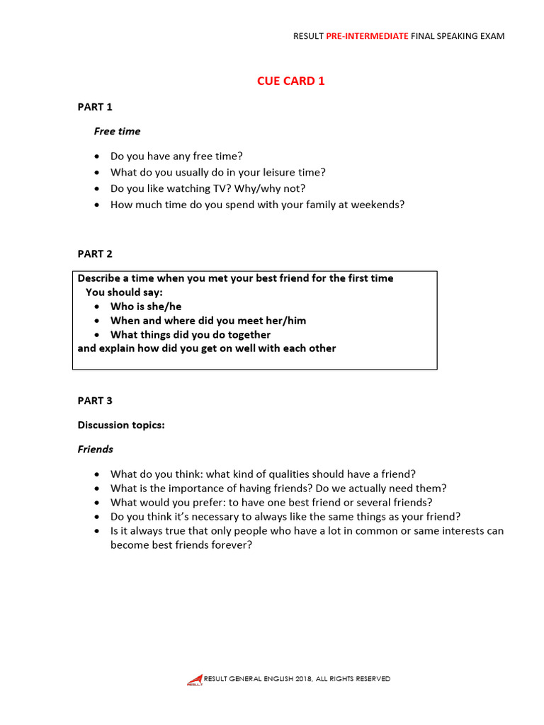 Pre-Intermediate Speaking Exam | PDF | English Language