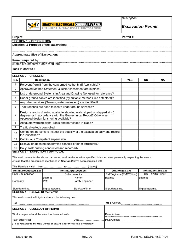 Secpl-Hse-P-04 - Excavation Permit | PDF