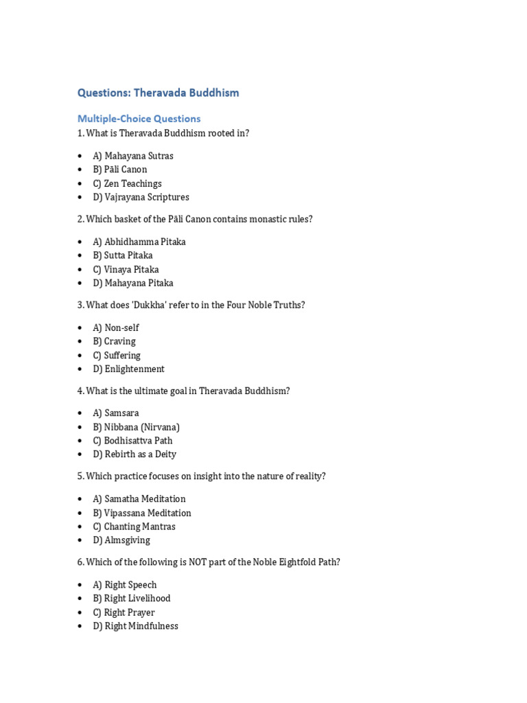 Theravada Buddhism Quiz Questions | PDF
