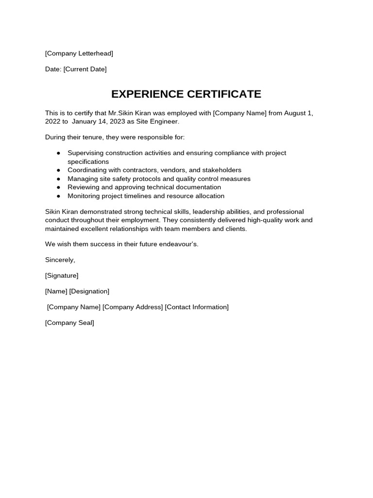 Site Engineer Experience Certificate | PDF