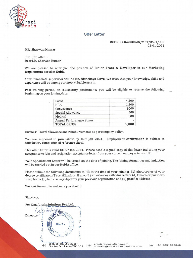 Sharwan Kumar Offer Letter | PDF