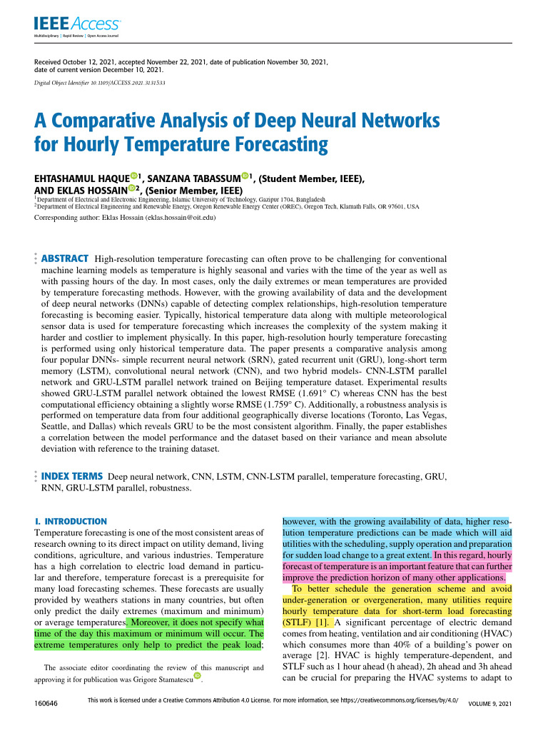 A Comparative Analysis of Deep Neural Networks For Hourly Temperature Forecasting | PDF ...