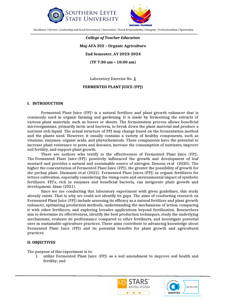 Lab Exercise No. 1 Fermented Plant Juice FPJ Final1 1 1 | PDF ...