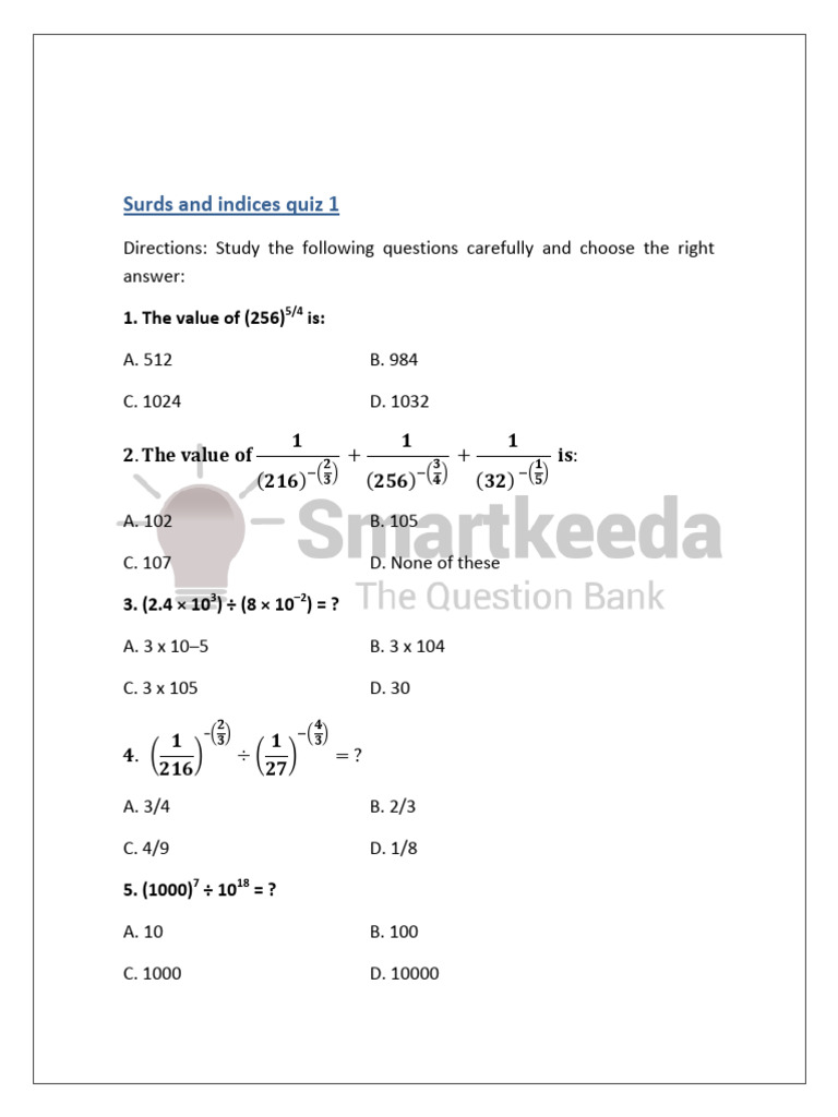 Surds_and_Indices_Quiz_1 | PDF | Equations | Applied Mathematics
