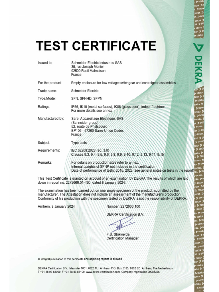 DEKRA Test Certificate for Schneider Enclosures | PDF | Door | Materials
