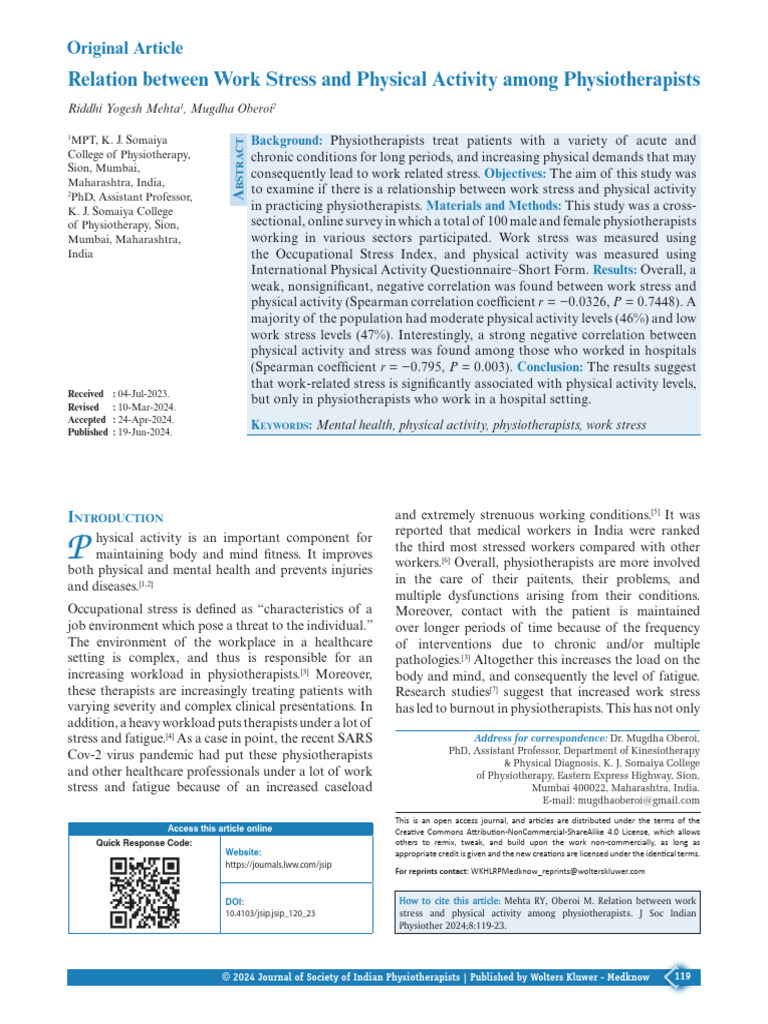 Work Stress and Physical Activity in Physiotherapists | PDF | Physical ...