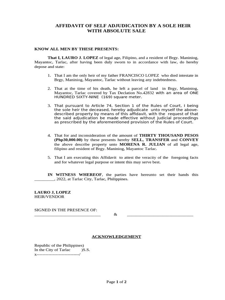 Affidavit of Self Adjudication by A Sole Heir With Absolute Sale | PDF ...