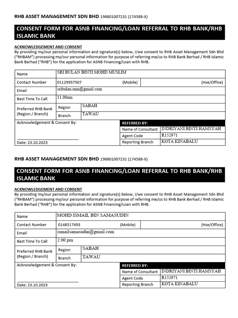 RHBAM Consent Form Sribulan Ismail | PDF