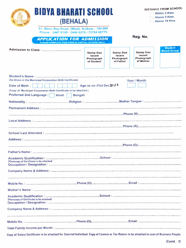 Admission Application Form - Vidya Bharati | PDF