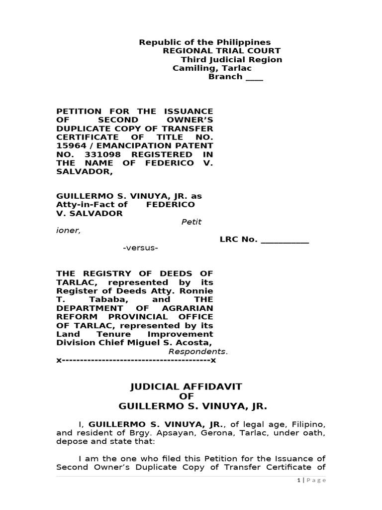 JA_GUILLERMO_VINUYA_JR._SECOND_OWNER[1] | PDF | Affidavit | Common Law