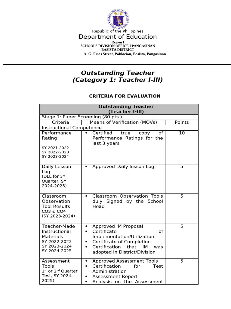Outstanding Teacher Evaluation Criteria | PDF | Academic Degree ...