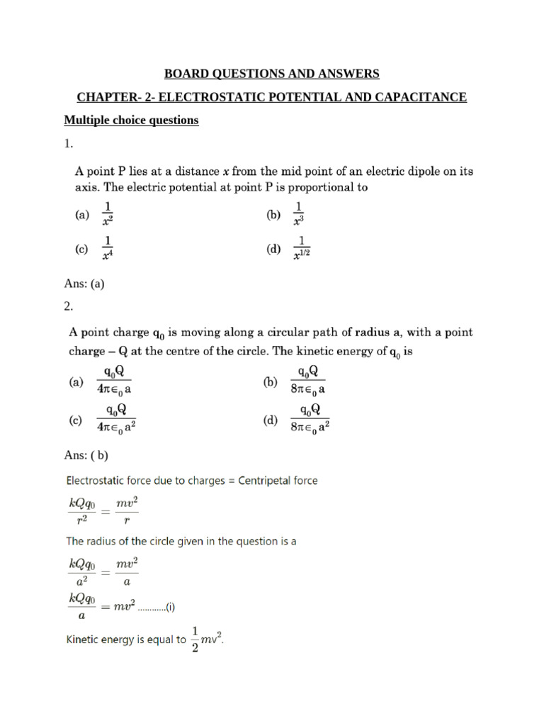 CSK W BOARD QUESTIONS AND ANSWERS - Chapter-2 ELECTROSTATIC POTENTIAL AND CAPACITANCE | PDF ...