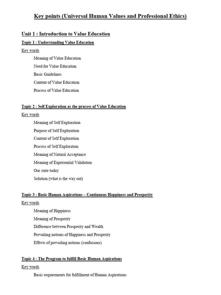 1. Unit Wise Imortant Key Points | PDF | Happiness | Self
