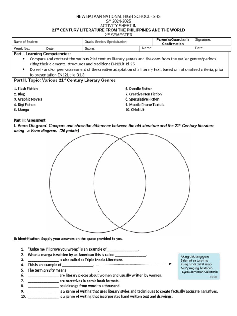 21st Century Literature Activity Sheet | PDF | Writing | Entertainment