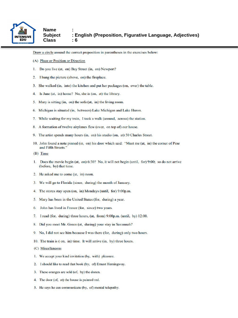 English Preposition and Figurative Grade 6 | PDF