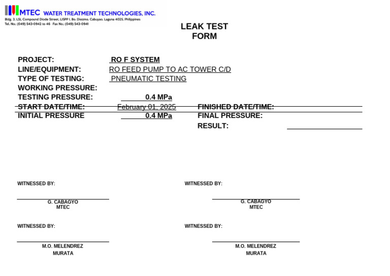 Pneumatic Leak Test Report | PDF