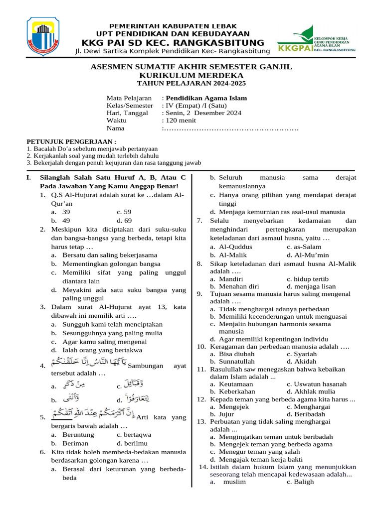 Soal Sas Ganjil Pai SD Kelas 4 KKG Pai RKS 2024 | PDF