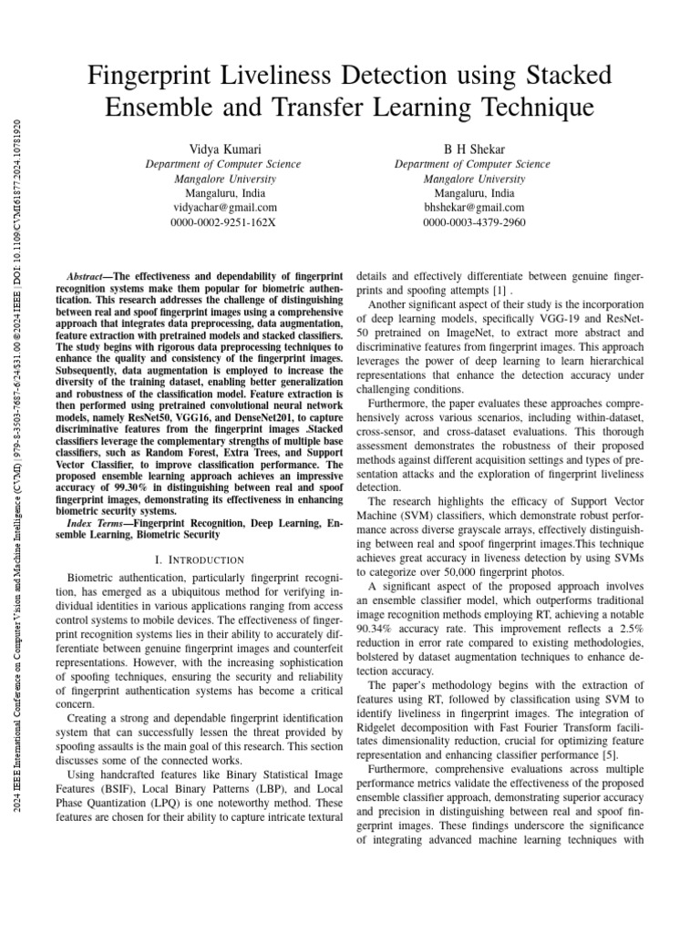 Fingerprint Liveliness Detection Using Stacked Ensemble and Transfer Learning Technique | PDF ...