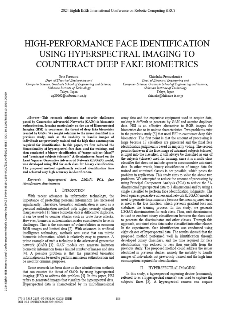 High-Performance Face Identification Using Hyperspectral Imaging To Counteract Deep Fake ...