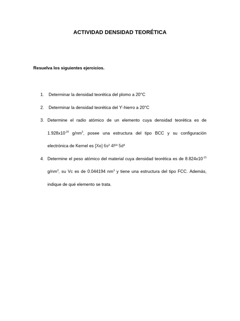 Cálculo de Densidad Teórica y Propiedades Atómicas | PDF