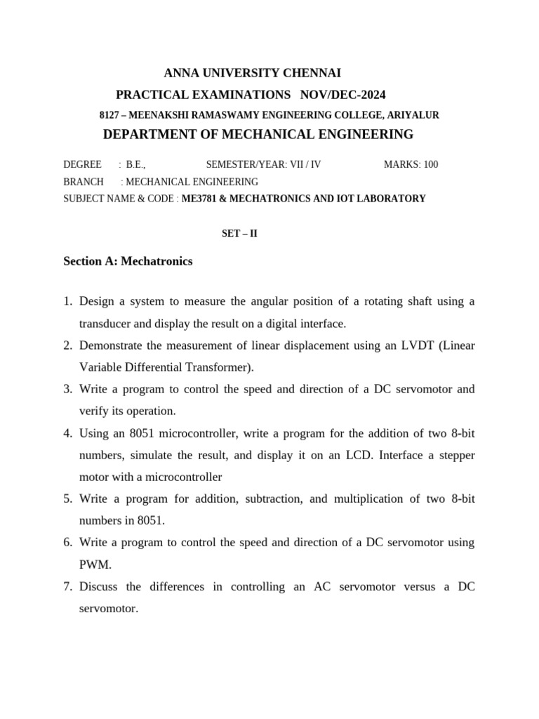 MECHATRONICS& IOT LAB Question Set II | PDF | Microcontroller | Equipment